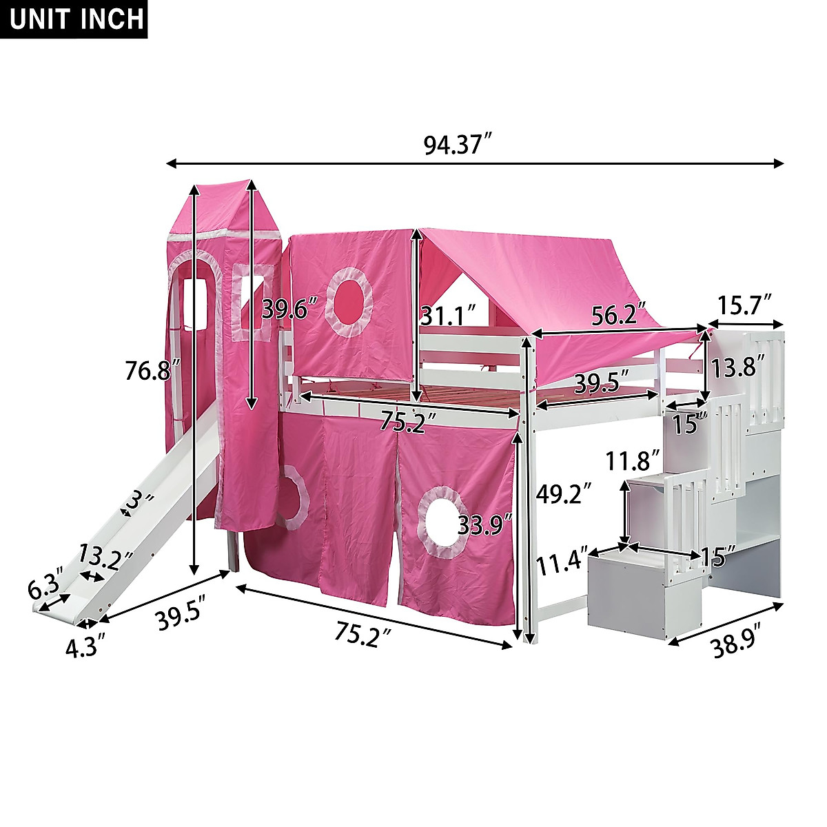 Merax Low Loft Bed Full Size with Slide and Storage Stairs, Wood Loft Bed with Tent & Tower, for Boys & Girls, Pink