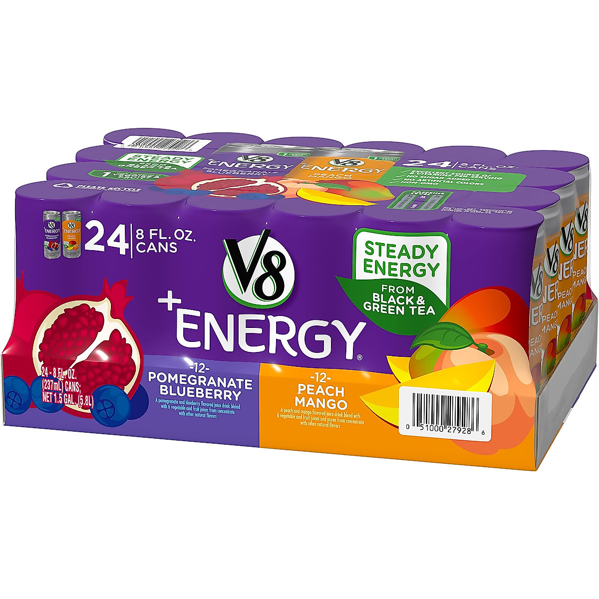 V8 +Energy Variety Pack, Healthy Energy Drink, 12 Pomegranate Blueberry and 12 Peach Mango, 8 Oz Can)