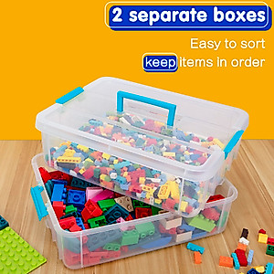 TERGOO 2 Layer Plastic Storage Containers with Lids, Multipurpose Clear Stack & Carry Box, Portable Craft Organizers and Storage Bin for Organizing Art & Craft, Sewing, Makeup, Nail Supplies (Blue)