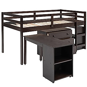 DEYOBED Twin Size Wooden Loft Bed Frame with Cabinet, Rolling Portable Desk and Storage Shelves for Kids Teens