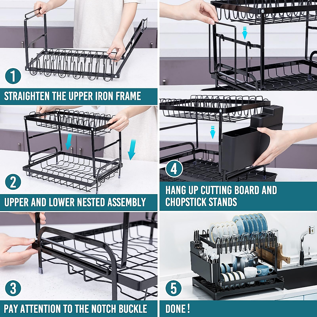 TAILI Dish Drying Rack for Kitchen Counter with Drainboard, Large 2 Tier Dish Rack and Drainboard Set with Cutlery Holder, Cup Holder & Utensil Holder, Rustproof Sink Dish Drying Rack