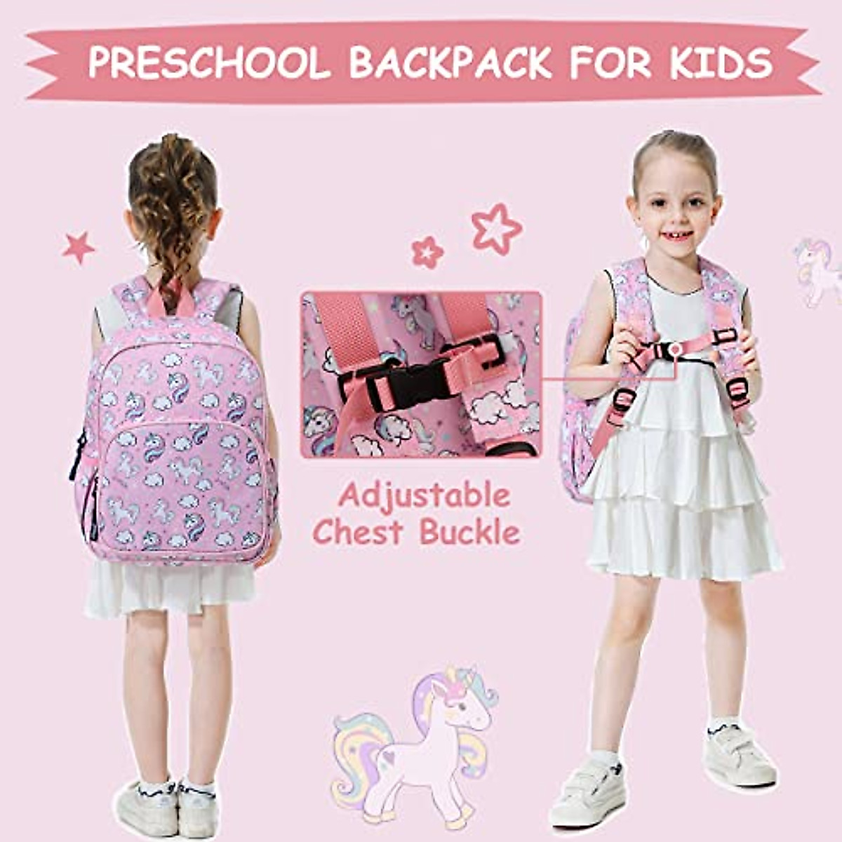 RAVUO Unicorn Backpack for Girls, Cute Toddler Backpack Lightweight Kids Preschool Bookbag Daypack with Chest Strap