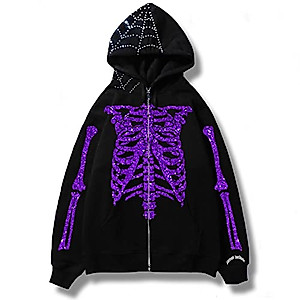 AQQYA Skeleton Zip Up Hooded Sweatshirt for Men Women, Y2K Diamond Glitter Grunge Punk Dark E-Girl Hoodie