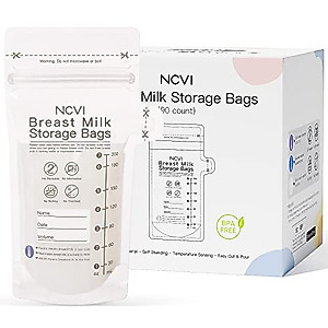 NCVI Breastmilk Storage Bags, 90 Count Milk Storage Bags for Breastfeeding, 7oz Breast Milk Storage Bags with Temp-Sensing, Doubled-Sealed, Hygienically, Self Standing, Easy Pour Spout, BPA Free