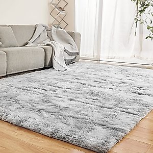 LFHHT Fluffy 5x7 Shag Area Rugs for Bedroom, Plush Fuzzy Shaggy Carpet Rugs for Living Room Classroom Nursery Home Decor, Tie-Dyed Light Grey Anti-Skid Rugs for Kids Girls Boys
