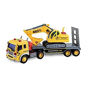 Maxx Action 17’’ Vehicle Transport with Excavator – Bright Lights and Construction Sounds | Friction Powered Trailer | 3 Piece Toy Playset for Kids | Yellow Construction Truck for Kids