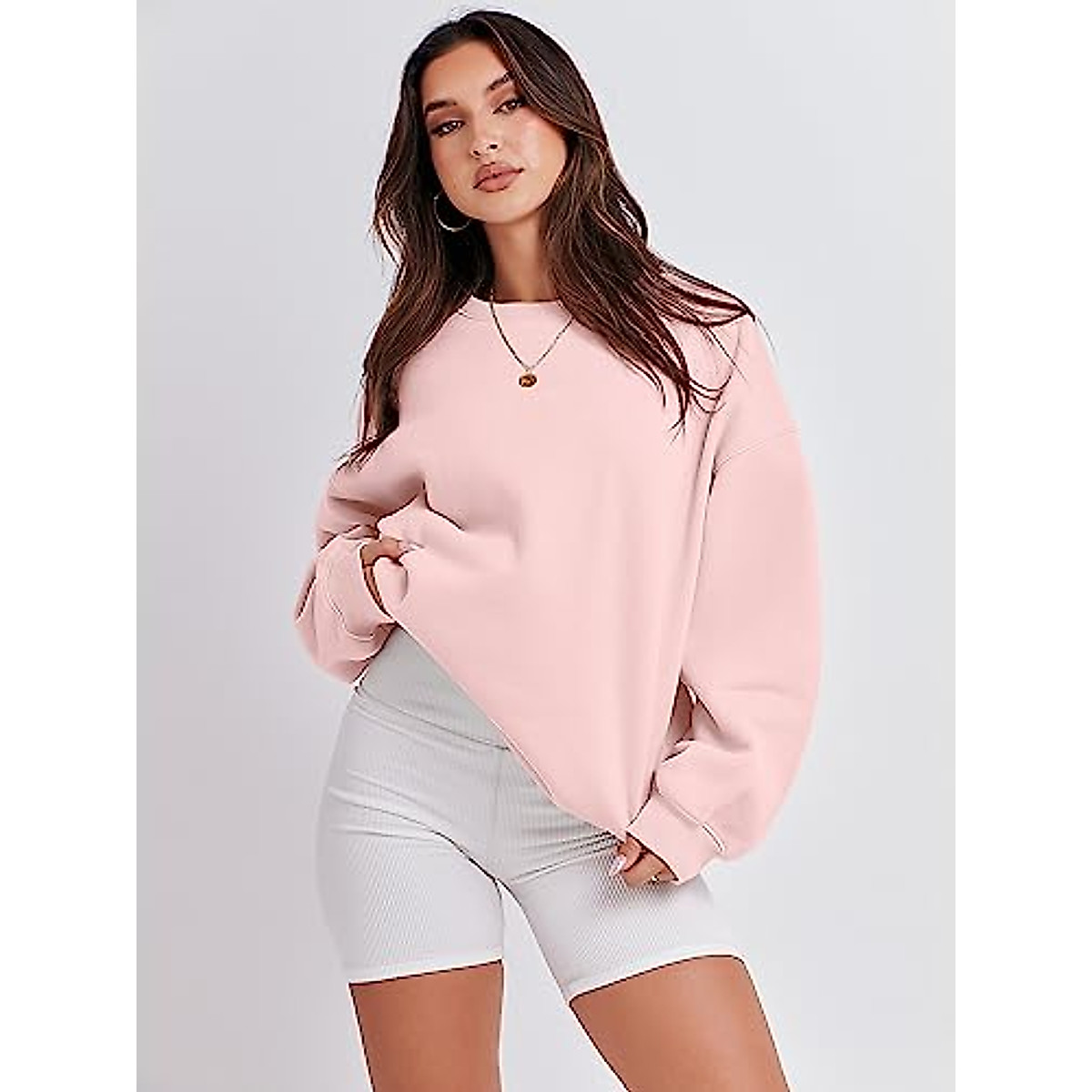 Caracilia Women's Crewneck Sweatshirts Oversized Fleece Hoodies Tops Casual Loose Pullover Sweaters 2024 Fall Clothes Pink Small