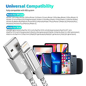 iPhone Charger 3pack 10FT Apple MFi Certified Long Lightning Cable Fast Charging High Speed Data Sync USB Cable Compatible iPhone 14 13/12/11 Pro Max/XS MAX/XR/XS/X/8/7/Plus/6S (Grey White)
