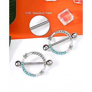 Melighting 14G Nipple Rings Shiny Stainless Steel 316L Clear Blue CZ Dainty Round Nipple Barbell Nipple Bars Body Piercing Jewelry for Women