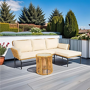 CABSETT 3-Pieces All-Weather Outdoor Patio L-Shape Sofa Set with Round Coffee Table and 3.15-inches Thick Cushion for Backyard, Poolside, Garden, Light Yellow