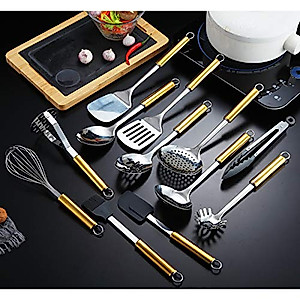 Cooking Utensil Set 12 Piece, Kyraton Stainless Steel Gold Handle Kitchen Utensil Set Kitchen Tool Set Include Cooking Spoon, Ladle, Skimmer, Potato Masher, Spatulas ect. (12pcs)