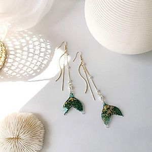 Sequins Mermaid Tail Earrings For Women Fantasy Ocean Princess Earrings Tassel Earrings Creative Ear Hook Translucent Fishtail Pendant Pearl Earrings