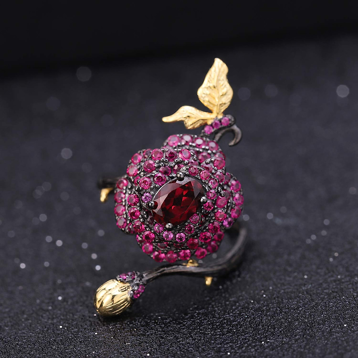 Qitian Rhodolite Garnet Sterling Silver Rings Rose Flower Adjustable Rings Genuine Black Birthstone Open Ring for Women Girls Handmade Adjustable Ring Rhodium Over Sterling Silver