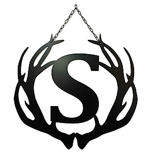 PK Decor Personalized ACM Metal Sign Deer Antler Decorations for Rustic Home Wall Decor, Customizable Last Name Initial Monogram, Buck Antler Door Hanger, Great Outdoor Hunter Gift (Block Initial)