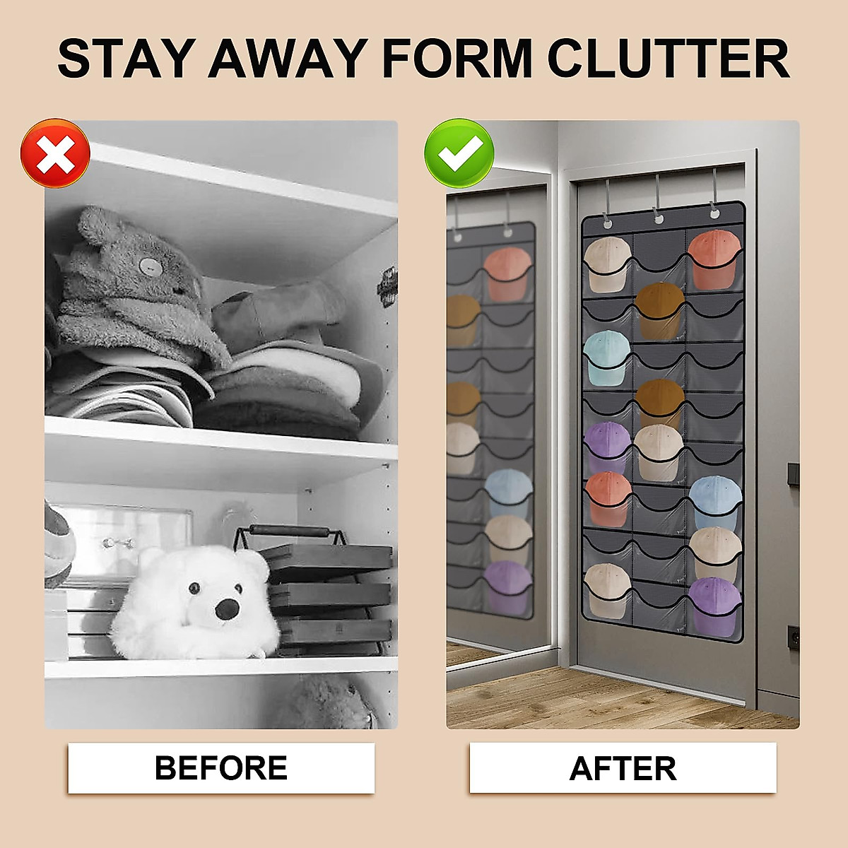 InterMaka Hat Rack for Door - 24 Clear Deep Pocket Cap Racks for Baseball Caps, Premium Hat Storage with 3 Sturdy Hooks, Versatile Hat Holder & Ball Hat Organizer for Optimal Display Grey