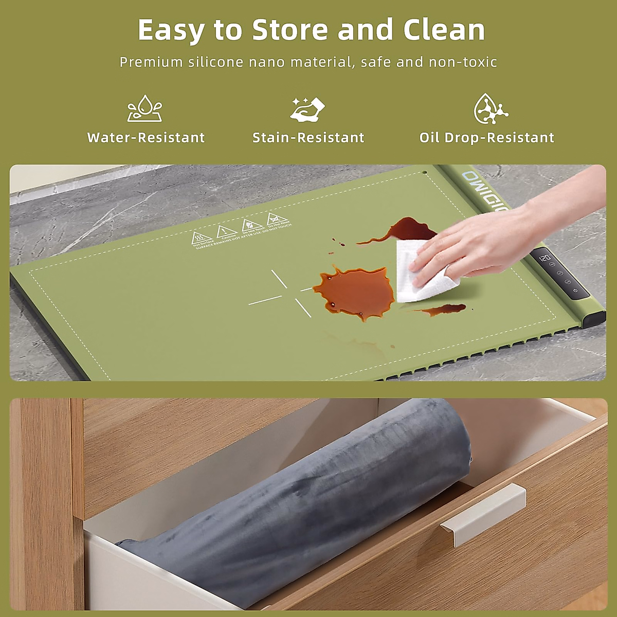 Electric Warming Tray, Warming Mat for Food with 17 Temperature Settings and Timing, Rollable & Portable Premium Silicone Electric Heating Tray with Auto Shut-Off and Lock for Parties Buffet (Green)