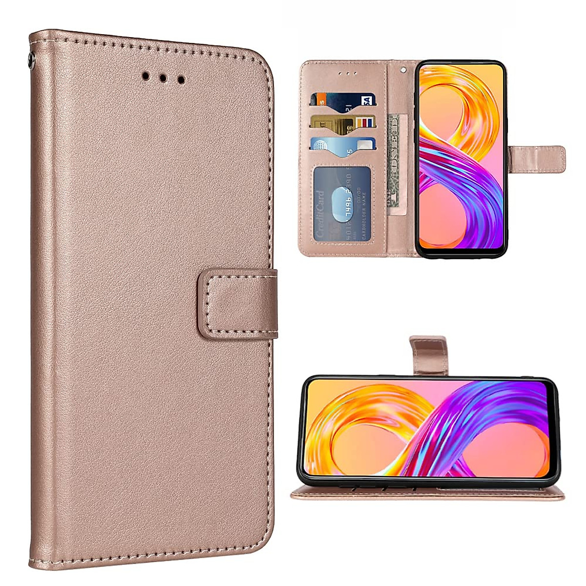 FDCWTSH Compatible with Oppo Reno2 Wallet Case Wrist Strap Lanyard Leather Flip Card Holder Stand Cell Accessories Folio Purse Slot Credit ID Phone Cover for Oppo Reno 2 2019 6.5 Women Men Rose Gold