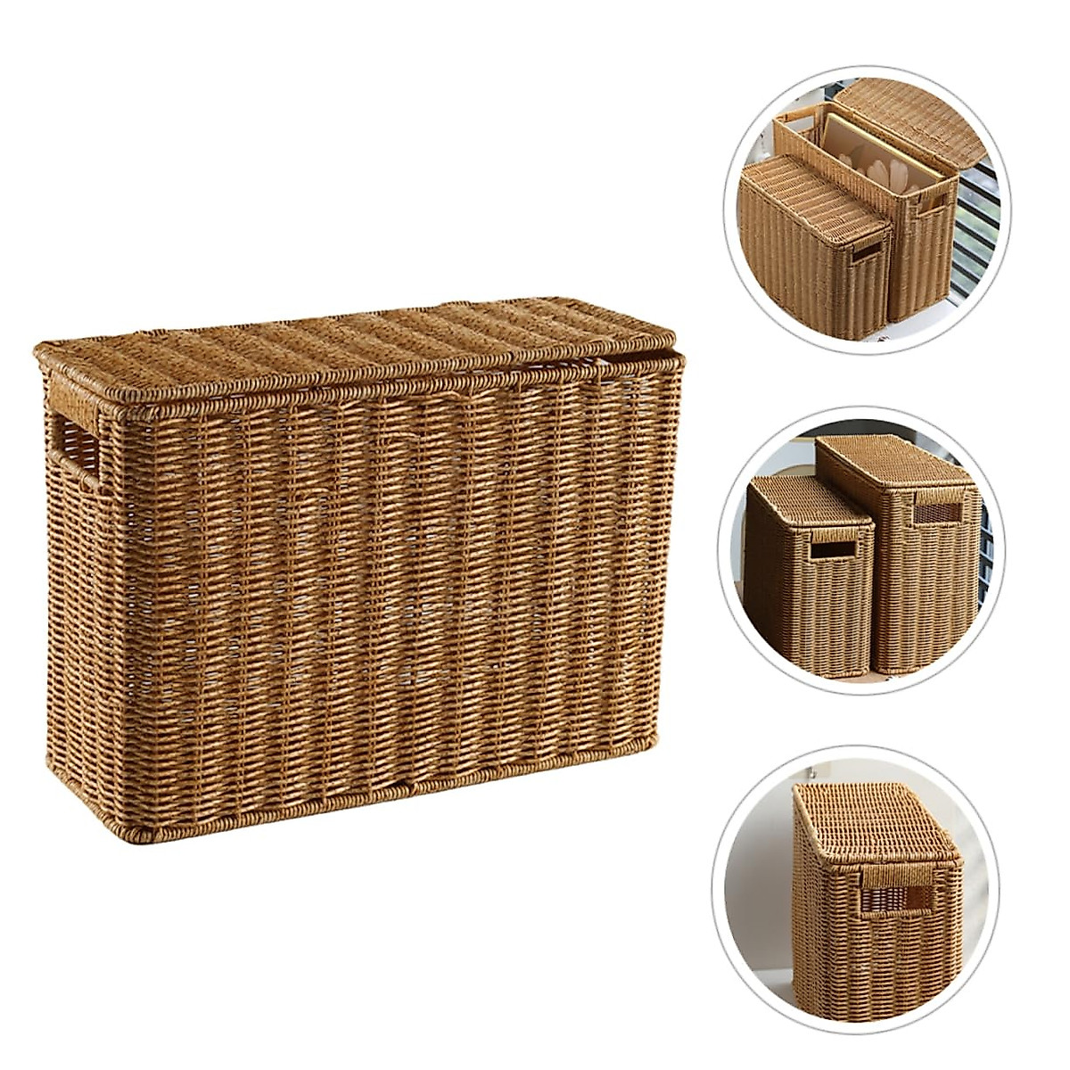 BUTIFULSIC Rattan Magazine Basket with Lid Thin Wicker Storage Decorative Sundries Organizer Handle Book Newspaper Rack