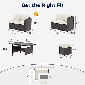Wisteria Lane Patio Furniture Set, 7 Piece Outdoor Dining Sectional Sofa with Dining Table and Chair, All Weather Wicker Conversation Set with Ottoman, Ivory