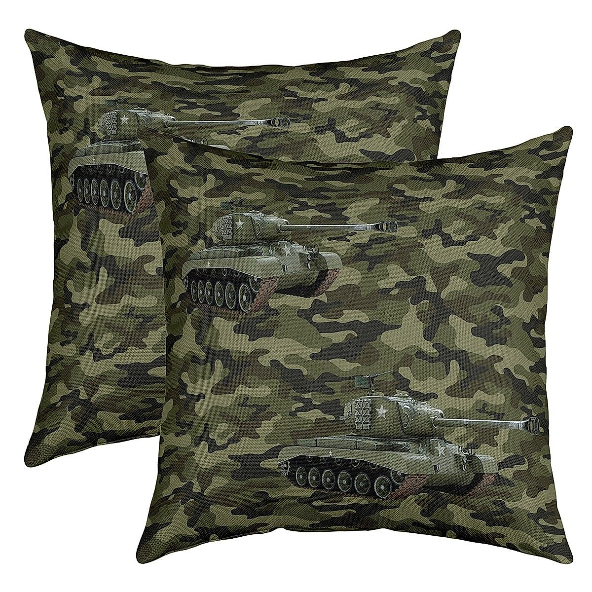 Manfei Army Green Tanks Double Sides Print Pillow Cover 16"x16",Dark Green Camo Pillowcase Soft Square Cushion Case,3D Print Camouflage Car Throw Pillow Cover,2 Pack