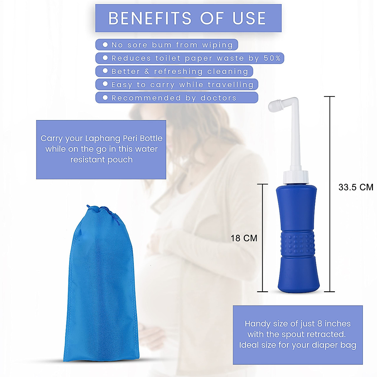 laphang Portable Bidet 500ml Blue Peri Bottle with Waterproof Pouch and Cap – PP + TPR, Leak Proof & Scratch Resistant –Perineal Bottle for Postpartum Hemorrhoids Healing, Maternity Kit Essentials