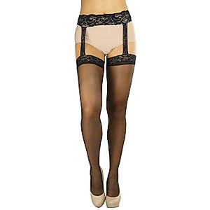 ToBeInStyle Women's All-in-1 Lace Garter Belt Sheer Backseam Stockings - Black - OS