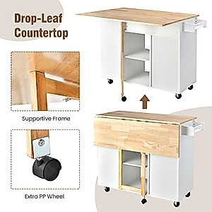 Giantex Kitchen Island Cart Drop-Leaf Countertop, Rubber Wood Breakfast Dining Table w/Large Drawer, Storage Shelves, 4-Tier Spice Rack, Rolling Serving Cart on 5 Wheels for Home Coffee Bar (White)