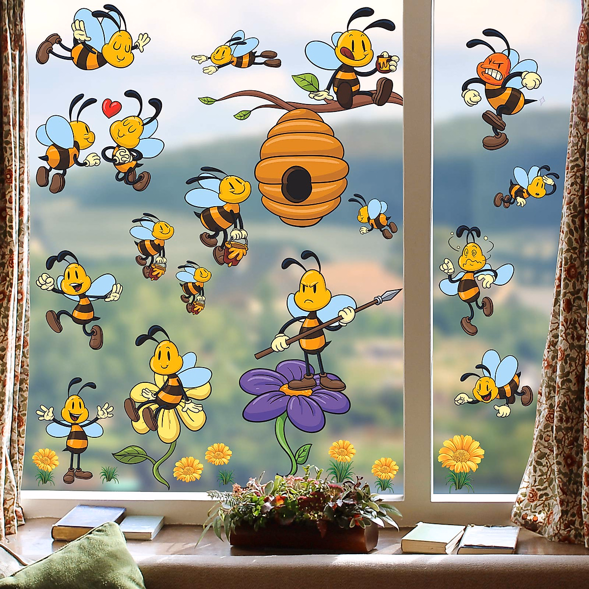 Amaonm Ceative Smile Sun with Bee Honeyco Tree Wall Decals Removable DIY Home Wall Art Decor PVC Peel and Stick Wall Stickers Murals for Kids Bedroom Playroom Girls Boys Nursery Rooms Living Room