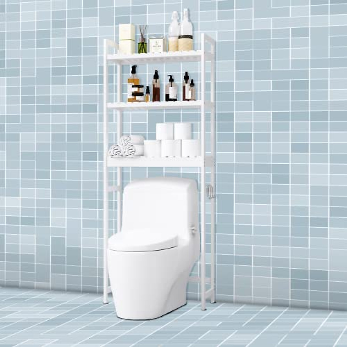 Bamboo Over-The-Toilet Storage Rack, 3-Tier Bathroom Organizer Over Toilet with 6 Hooks, Bathroom Freestanding Shelf for Home, Kitchen, 24.4” L X 10.24” W X 64.17” H, White