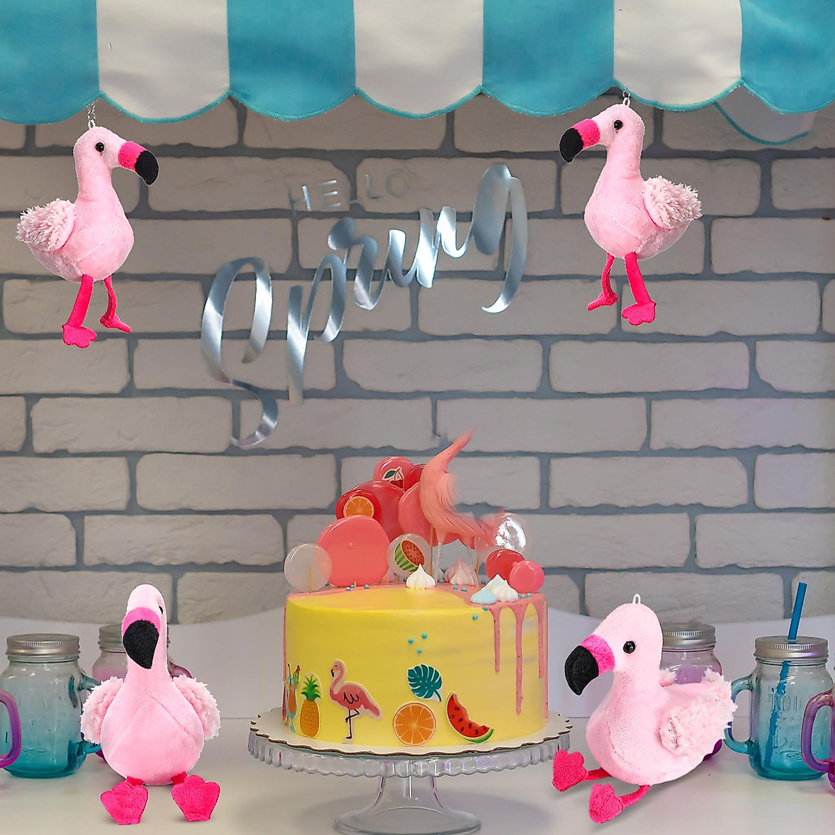 Jexine 9 Pieces Mini Stuffed Animal Plush Stuffed Doll Cute Small Stuffed Animal Hanging Ornaments Party Supplies Favors for Gifts Hawaiian Summer Beach Luau Party 5 Inch(Flamingo)