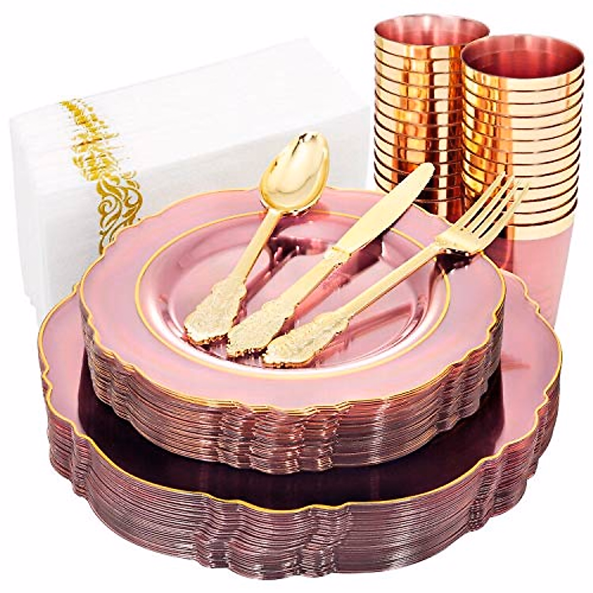 KIRE 210Pcs Clear Pink Plastic Plates with Gold Rim& Disposable Gold Plastic Silverware &Pink Cups&Hand Napkin- Plum Colored Plastic Dinnerware for Upscale Wedding & Mothers Day & Easter