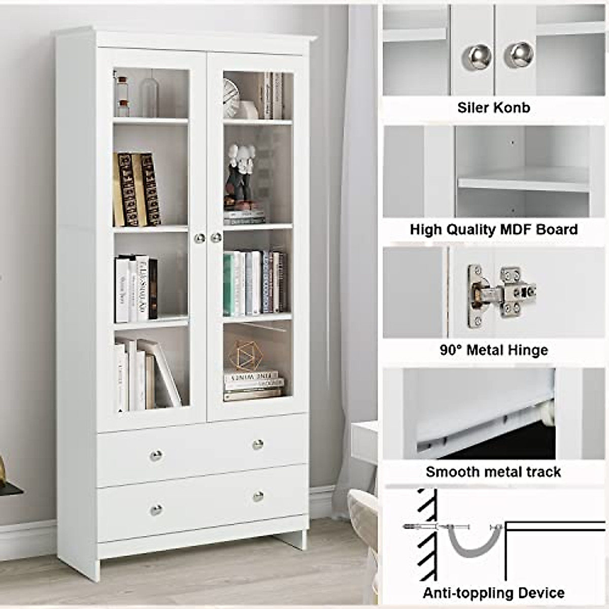 YIGOBUY White Bookcase with Glass Doors Tall Display Cabinet Wooden Bookshelf Organizer for Home Bedroom, Living Room, Office, Library with Doors, White Freestanding Kitchen Pantry