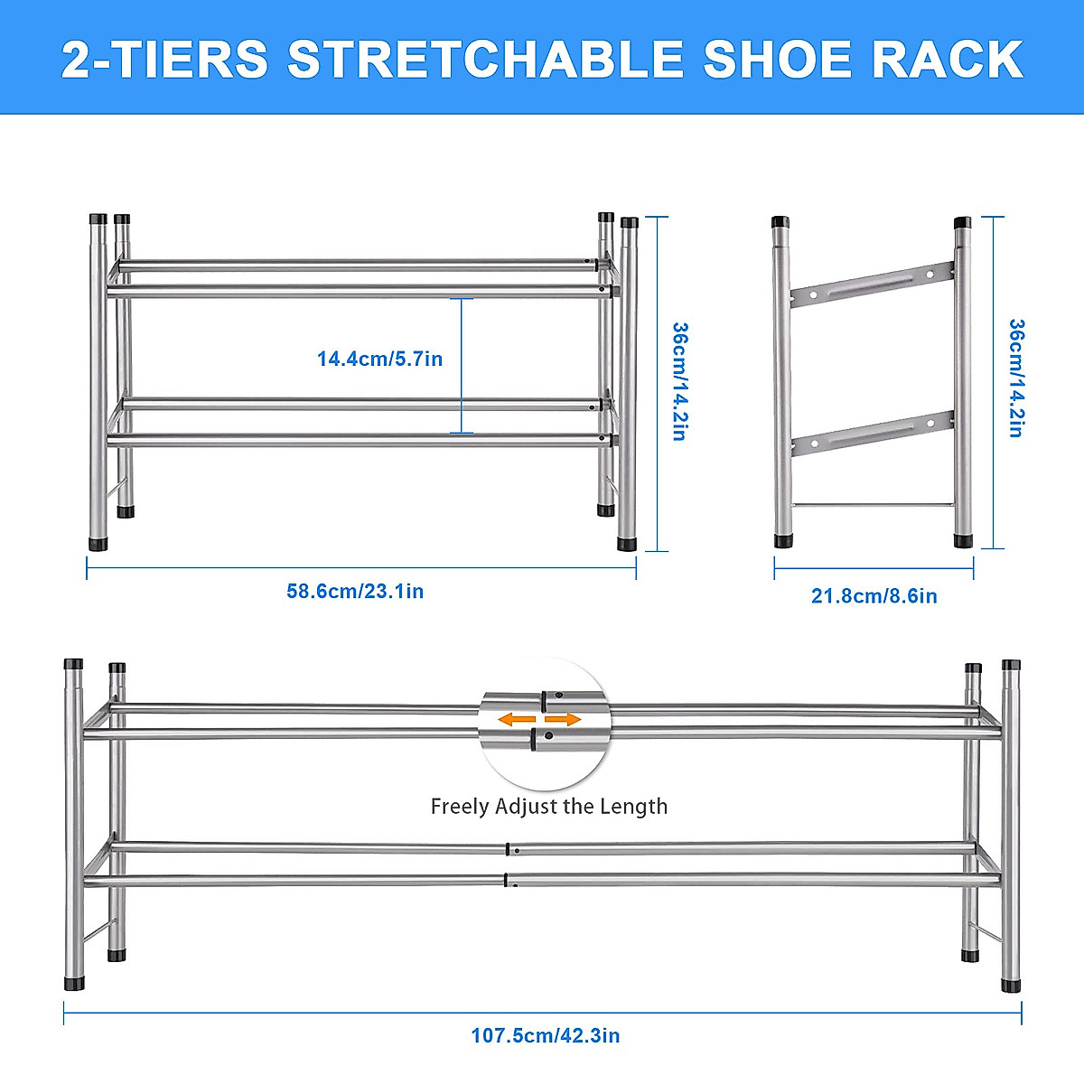 NiHome 2-Tier Expandable Shoe Rack - Lightweight, Stackable and Space-Saving Metal Organizer for 6-10 Pairs of Shoes - Ideal for Closet, Hallway, Entryway, Living Room, Bedroom (Silver)