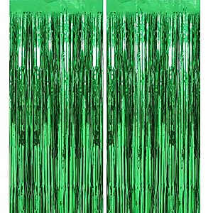 2 Pack 3.2 ft x 9.8 ft Green Tinsel Curtain Party Backdrop Decorations, Metallic Foil Fringe Backdrop Door for Halloween, Christmas, Birthday Graduation Wedding Party Streamers Photo Backdrop.