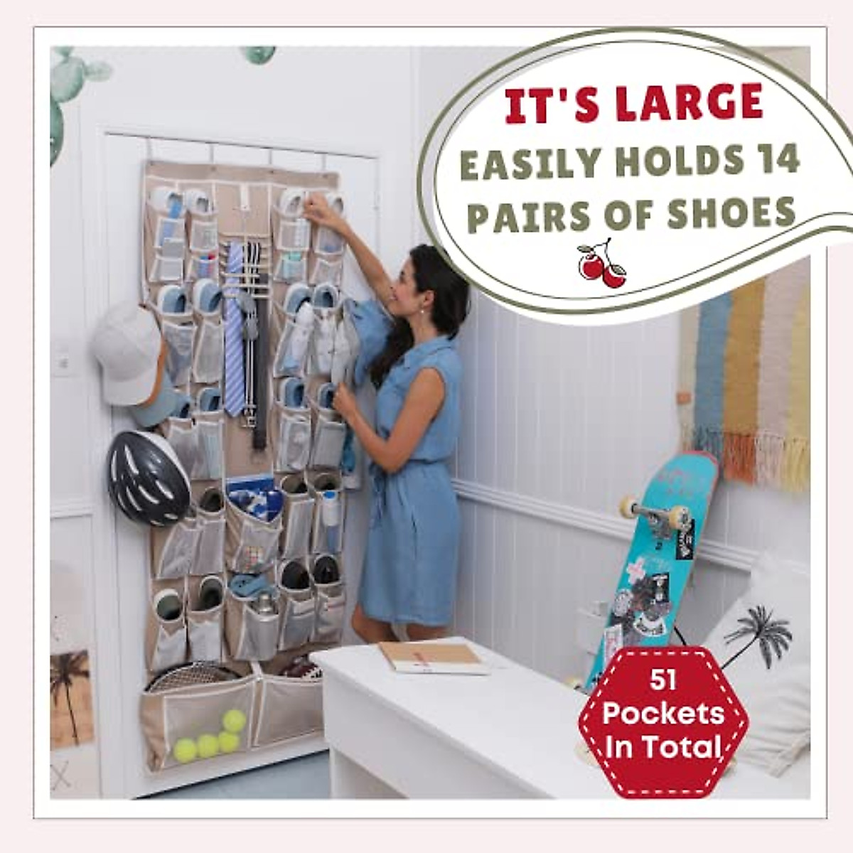 BC BUTLER & CHEF Over Door Shoe Organizer Extra Large With 51 Pockets - With Hanging Rack Rings & Storage Accessories - For Behind Back of Door or Closet, Strong 800D Fabric, Wall Mountable, Holder