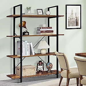 Iwell 4-Tier Bookshelf, Tall Bookcase with Metal Frame, Book Shelf, Open Display Shelves for Living Room, Bedroom, Home Office, Rustic Brown