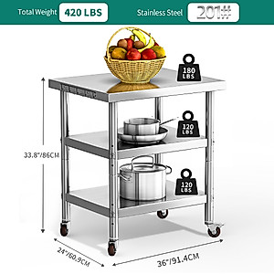 YITAHOME NSF Stainless Steel Table, 30" X 24" Work Table with Wheels, 3 Shelves Metal Table Prep Table for Home Kitchen Restaurant Garage Warehouse Outdoor