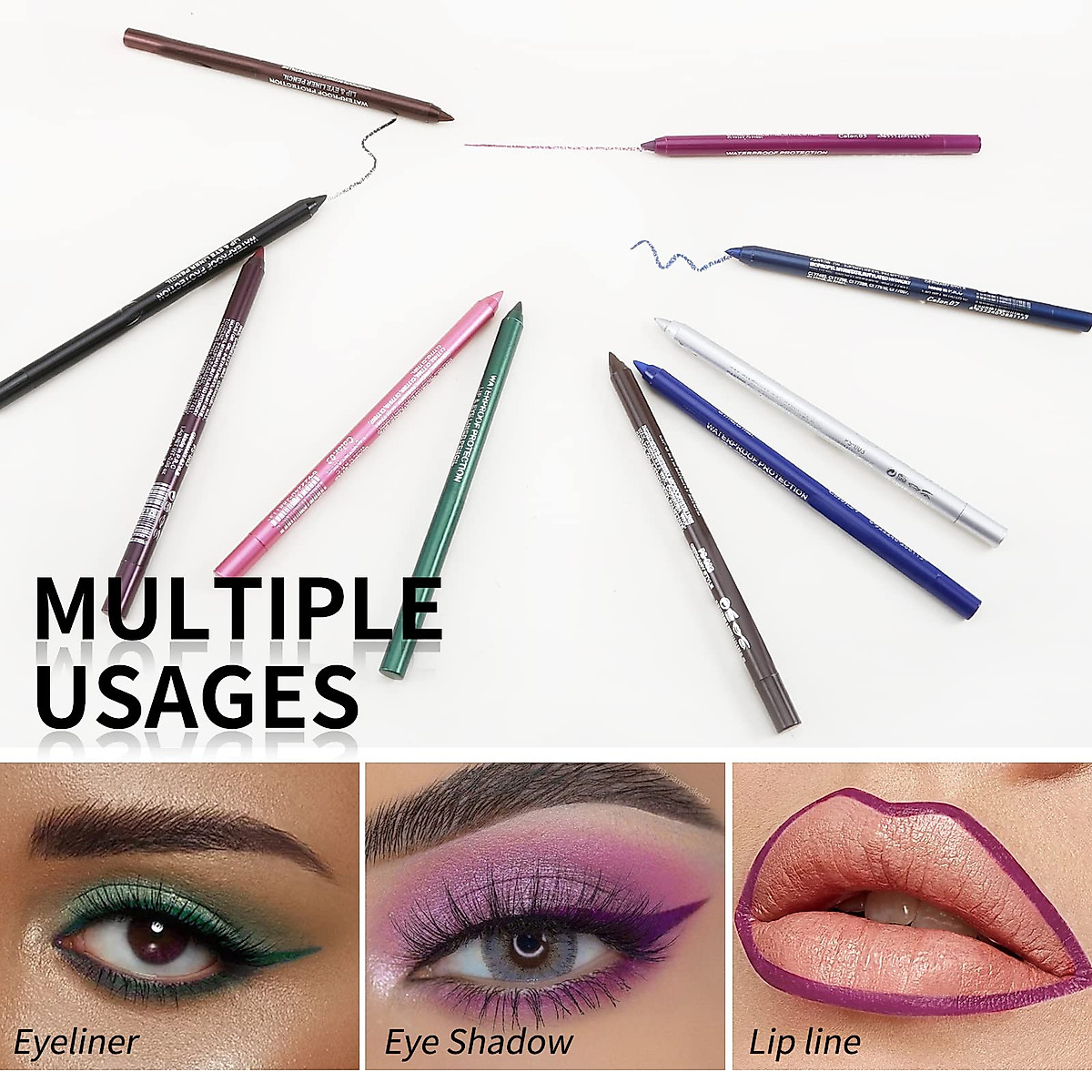 Boobeen 10 Packs Eyeliner Pencil Set, Waterproof Glitter Eye Shadow & Lip Liner, Soft Colorful Gel Formula, Creates Bold and Defined Lines