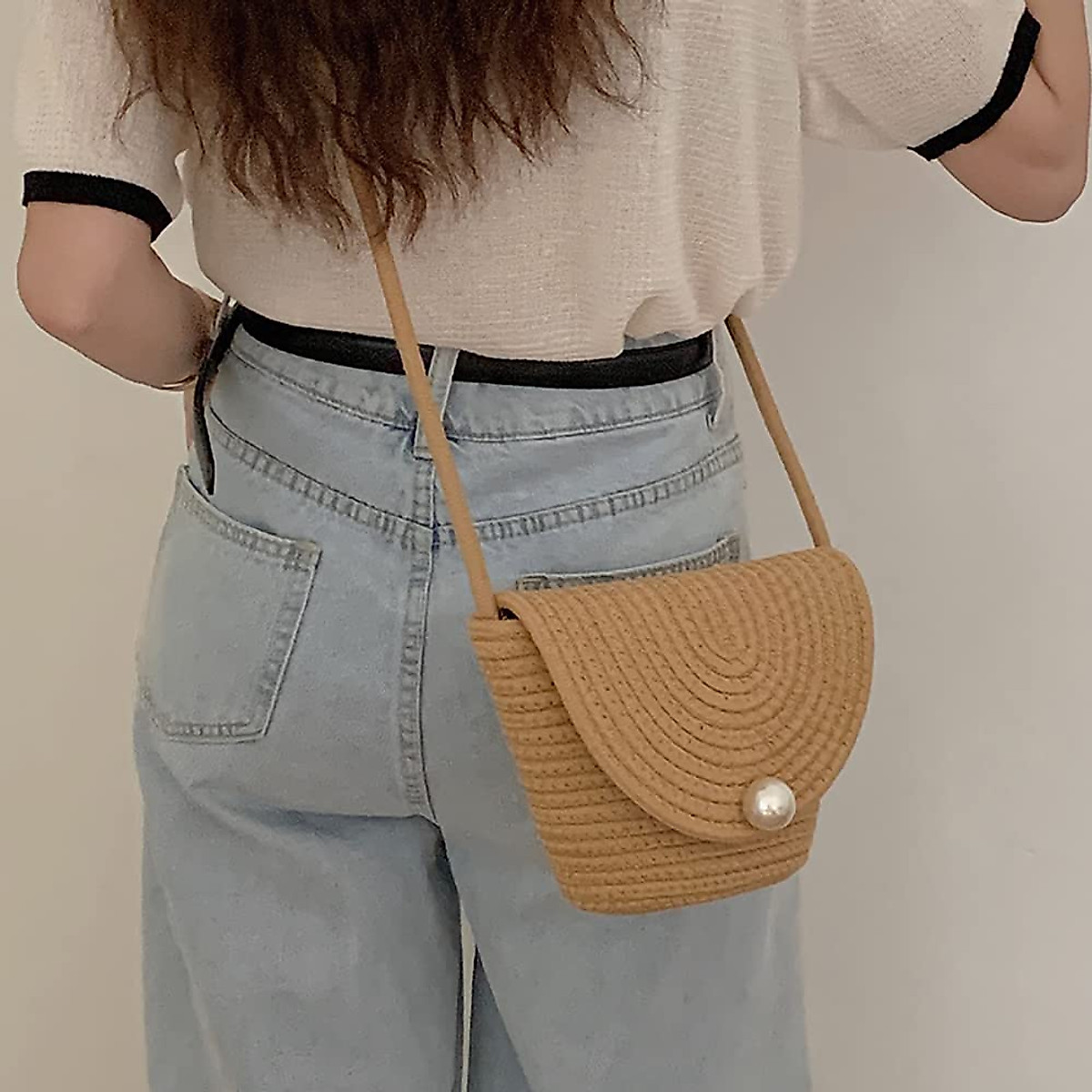 NIBD Straw Crossbody Bags for Women Mini Beach Bag, Woven Bucket Bag,Bohemian Summer Beach Basket Vacation Shoulder Bag (Brown)