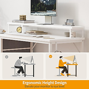 CubiCubi Computer Desk with Drawers, 47 Inch Reversible Office Desk with Monitor Stand and Storage Shelves, Work Writing Study Desk Table for Home, White