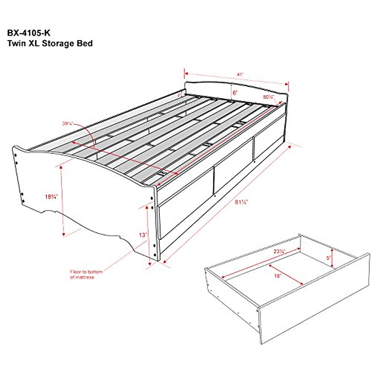 Prepac Mate's Twin XL 3-Drawer Minimalist Platform Storage Bed, Contemporary Twin XL Bed with Drawers 81.5" D x 41" W x 18.75" H, Espresso, EBX-4105-K