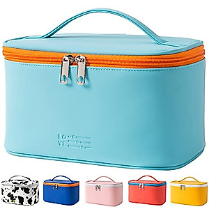 Makeup Bag Portable Travel Cosmetic Bag for Women, Beauty Zipper Makeup Organizer PU Leather Washable Waterproof (Light Blue)