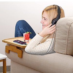 Couch Arm Table Tray, Bamboo Sofa Arm Clip on Tray Tables, Arm Rest Table for Home, Couch Arm Tray for Small Spaces Drink Eating Dinner Table