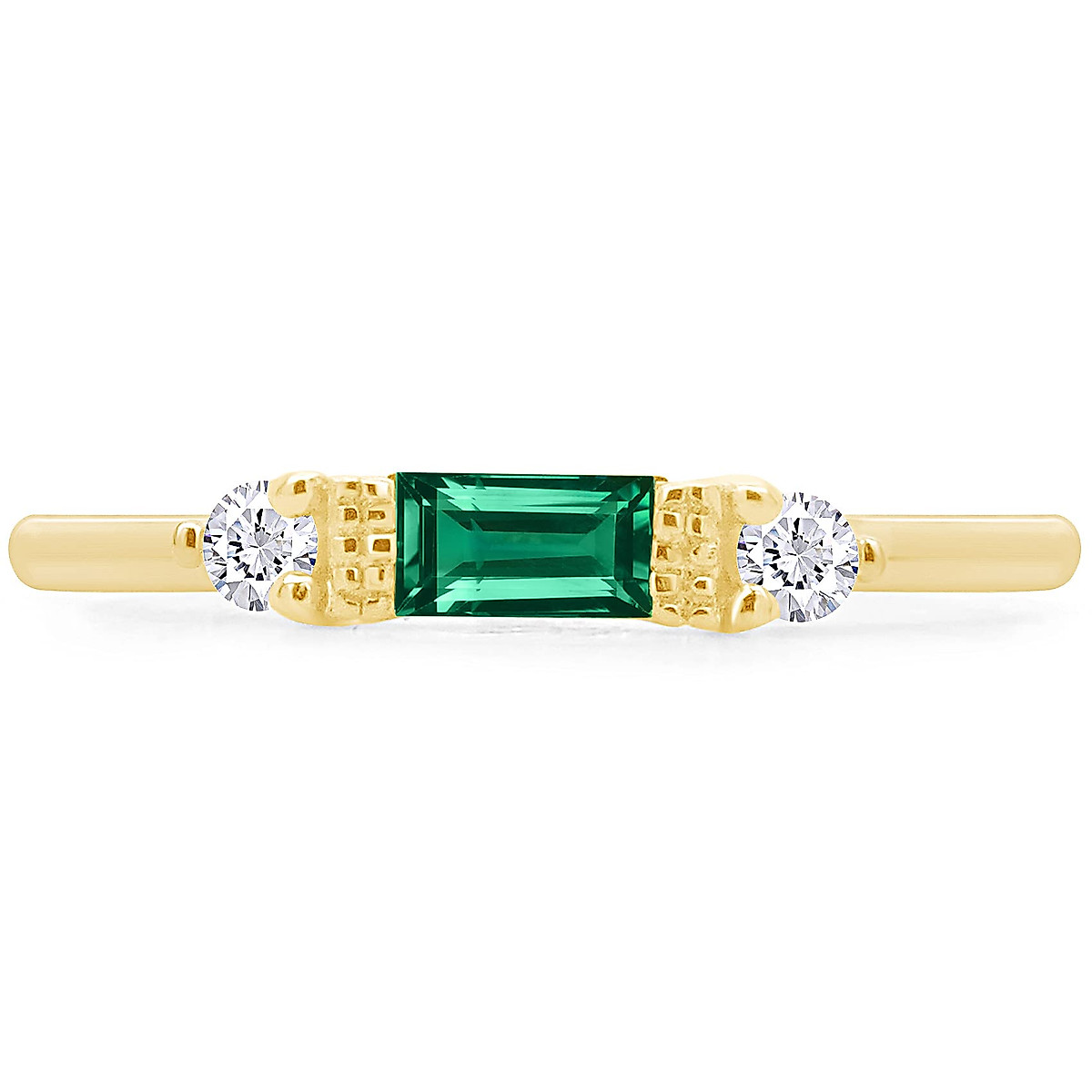AFFY Baguette Cut Simulated Emerald And White Cubic Zirconia In 14K Yellow Gold Plated 925 Sterling Silver Three Stone Design Bridal Engagement Wedding Ring Jewelry For Women Size -6