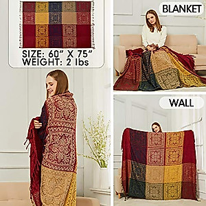 MayNest Bohemian Tribal Throws Blankets Reversible Colorful Red Blue Boho Hippie Chenille Jacquard Fabric Throw Covers Large Couch Furniture Sofa Chair Loveseat Recliner Oversized (Red, S:75x60)