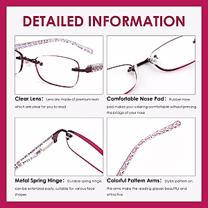 LOVIVY 3 Pack Rimless Reading Glasses for Women Blue Light Blocking Readers Tinted Edge Spring Hinge Pattern Print Arm Eyeglasses Mix 2.50