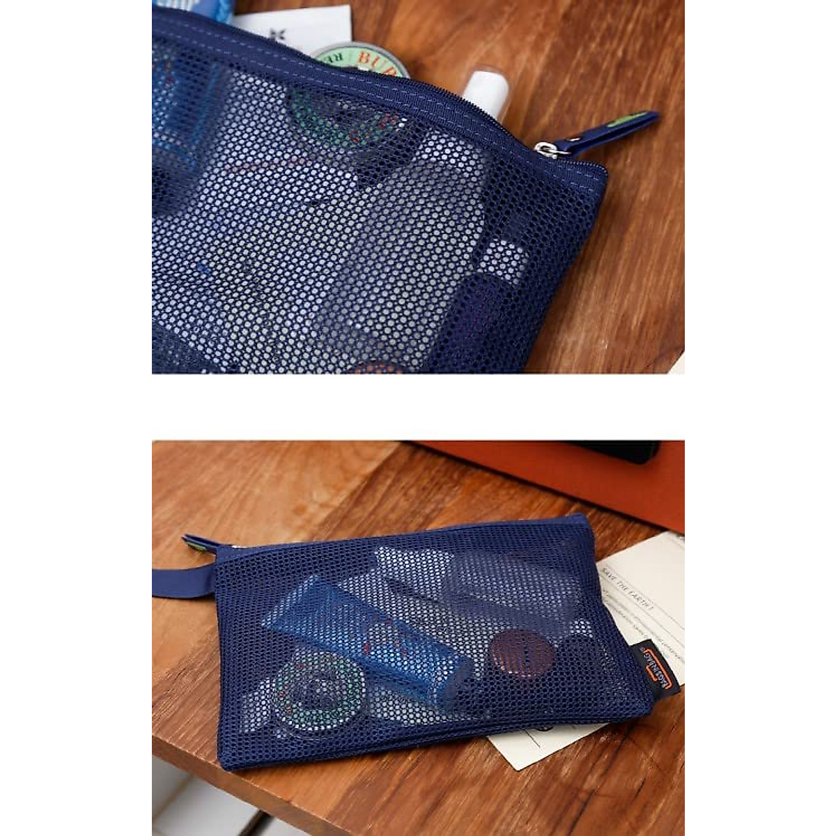 Bags In Bag Mesh Zipper Pouch Makeup Cosmetic Accessories Pencil Case Organizer Mesh Zipper Bags For Storage, Travel, Office (8.6x5.9 in) (Navy)