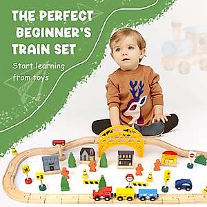 60Pcs Train Set for 3 Year Old Boys, Double-Side Wooden Train Set Tracks for Toddlers, Fits Brio, Thomas, Melissa and Doug, Kids Wood Train Toys for 3 4 5 Year Old Boys and Girls (Gray)