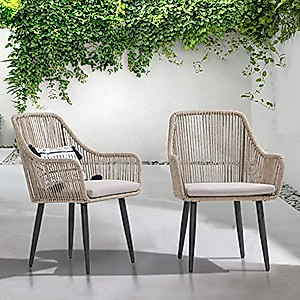 Patiorama Outdoor Dining Chairs, Patio Dining Chair Set of 2, All-Weather Woven Rope Rattan Wicker Chairs, Patio Club Chairs, Outside Chair Seating with Arms and Cushions for Lawn Backyard Pool(Tan)