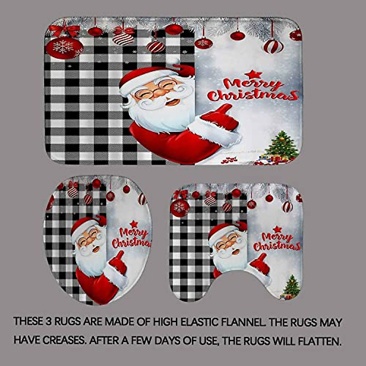 Dia Magico 4PCS Merry Christmas Shower Curtain Set, Santa Claus Xmas Balls Black White Buffalo Plaid Snowflake Holiday Country Rustic Farmhouse Bathroom Decor, Fabric Shower Curtain, Non-slip Bath Mat